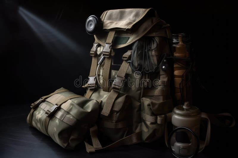 Military Backpack with a Hanging Flashlight and Binoculars on the Flap ...