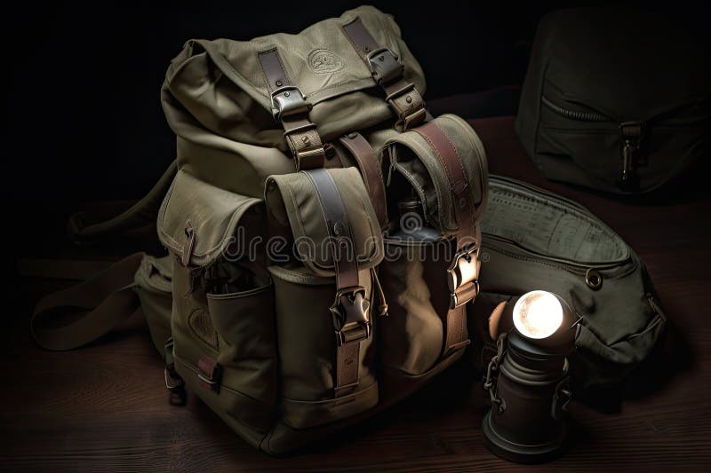 Military Backpack with a Hanging Flashlight and Binoculars on the Flap ...