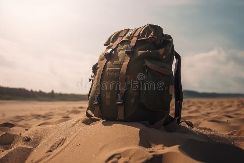 Military Backpack, Lying on a Sandy Beach Stock Image - Image of ...