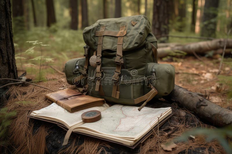 Military Backpack, with a Map and Compass Visible, Surrounded by Forest ...