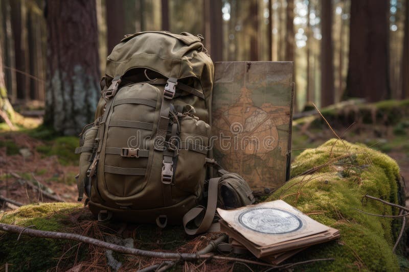 Military Backpack, with a Map and Compass Visible, Surrounded by Forest ...