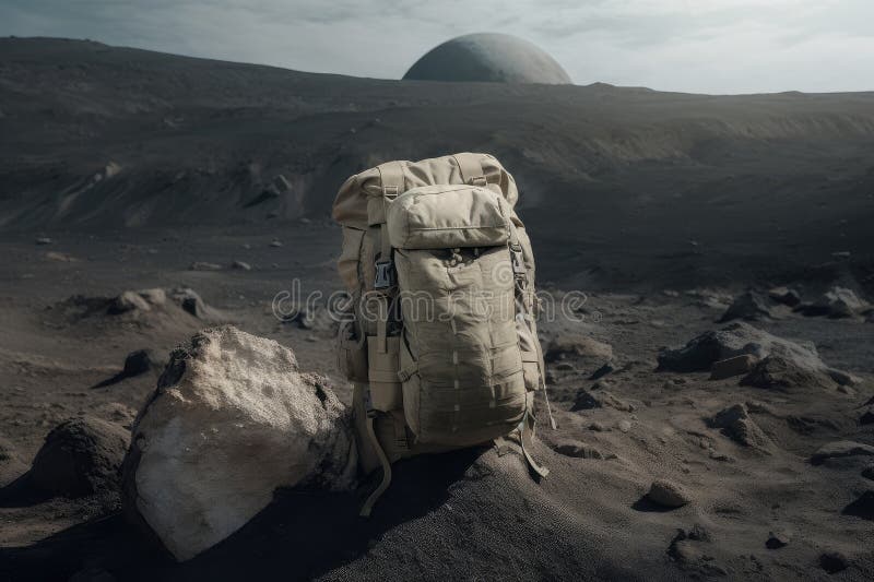 Military Backpack on the Moon, Surrounded by Vast and Desolate ...