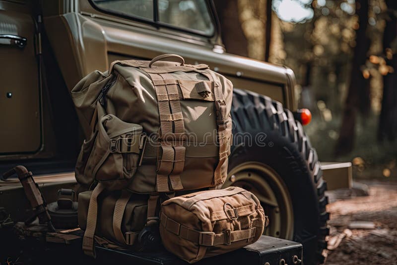 Military Backpack Resting Against the Side of a Jeep Stock Image ...