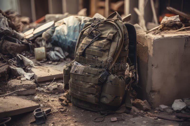 Military Backpack among the Rubble of Destroyed Building, Symbolizing ...