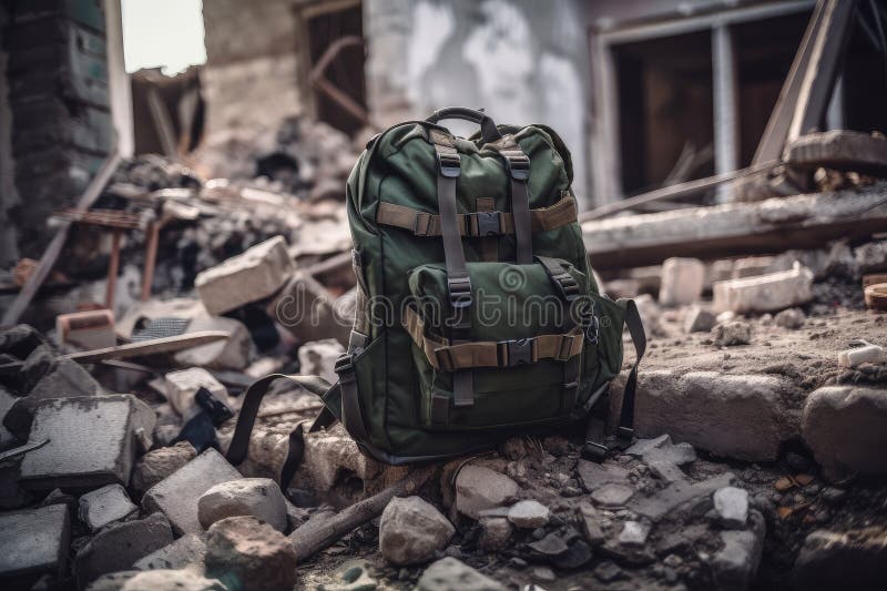 Military Backpack among the Rubble of Destroyed Building, Symbolizing ...