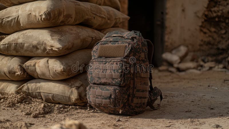 A Military Backpack Sits in a War-torn Environment. Stock Illustration ...