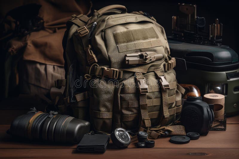 Military Backpack, with Weapons, Ammunition and Tactical Gear Visible ...