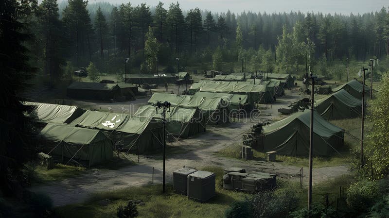 Military Base with Green Tents in Forested Area on Overcast Day Stock ...