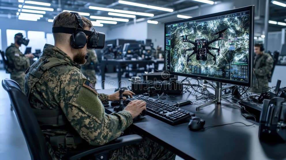 Military Base Operations Soldiers Controlling Advanced Drones Training ...