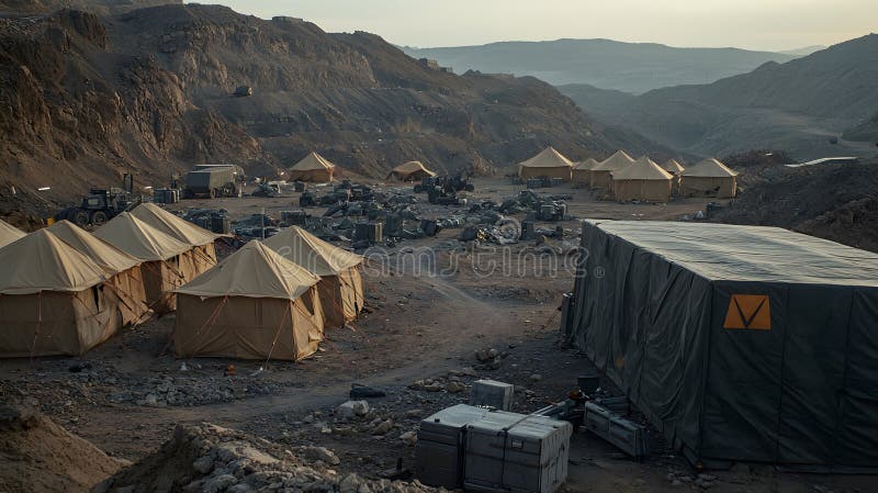 Military Base Surrounded by Rugged Terrain with Tents and Equipment ...