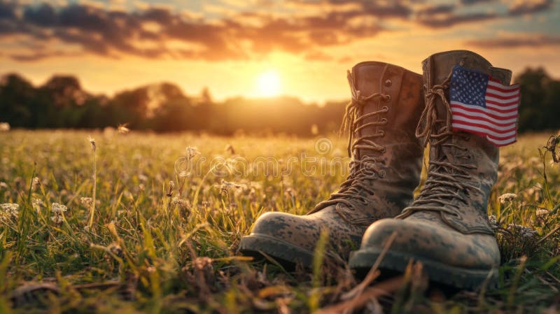 Military Boots with American Flag at Sunset in a Field Stock ...