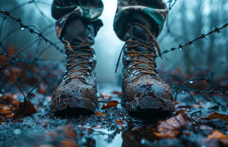 Military Boots. a Military Camouflage Pants and Boots Standing in the ...