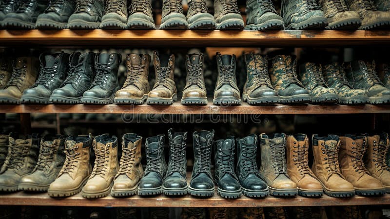 Military Boots Lined Up: Rows of Polished Military Boots Arranged in a ...