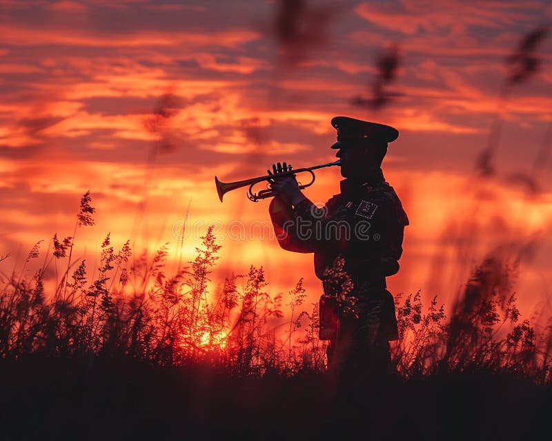 A Military Bugler at Sunset Medium Shot Stock Photo - Image of signal ...