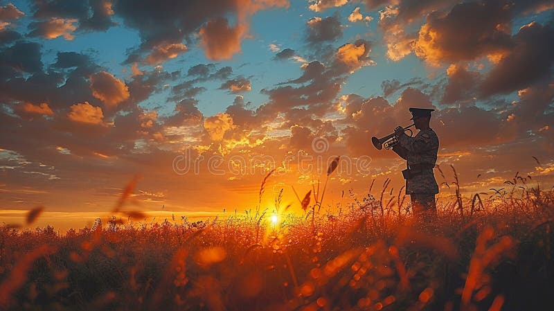 A Military Bugler at Sunset Medium Shot Stock Photo - Image of shot ...