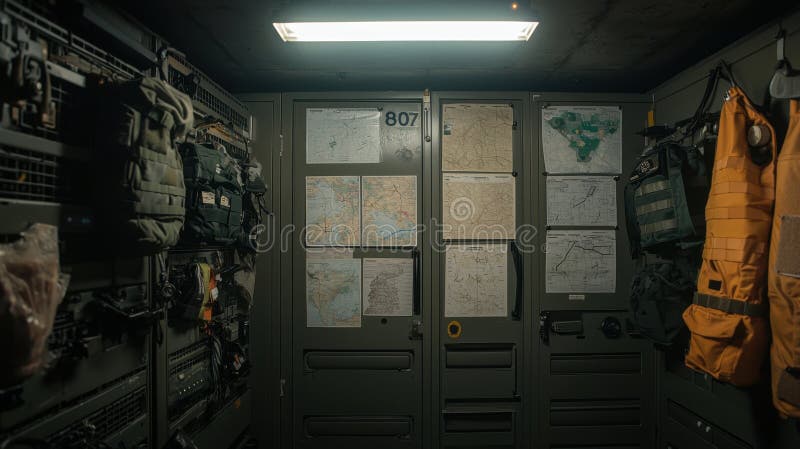 Military Bunker Interior with Maps and Equipment in Underground ...