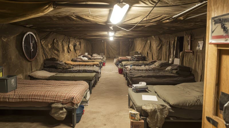 Military Bunker Interior with Rows of Simple Beds and Strategic Design ...