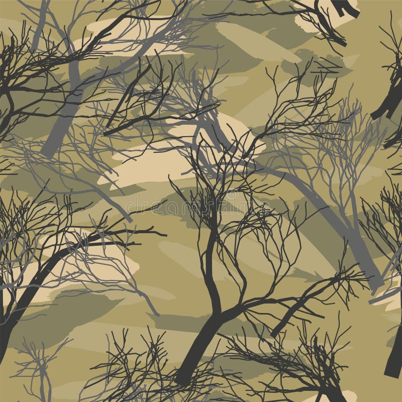 Military Camouflage Texture with Trees, Branches, Grass and Watercolor ...