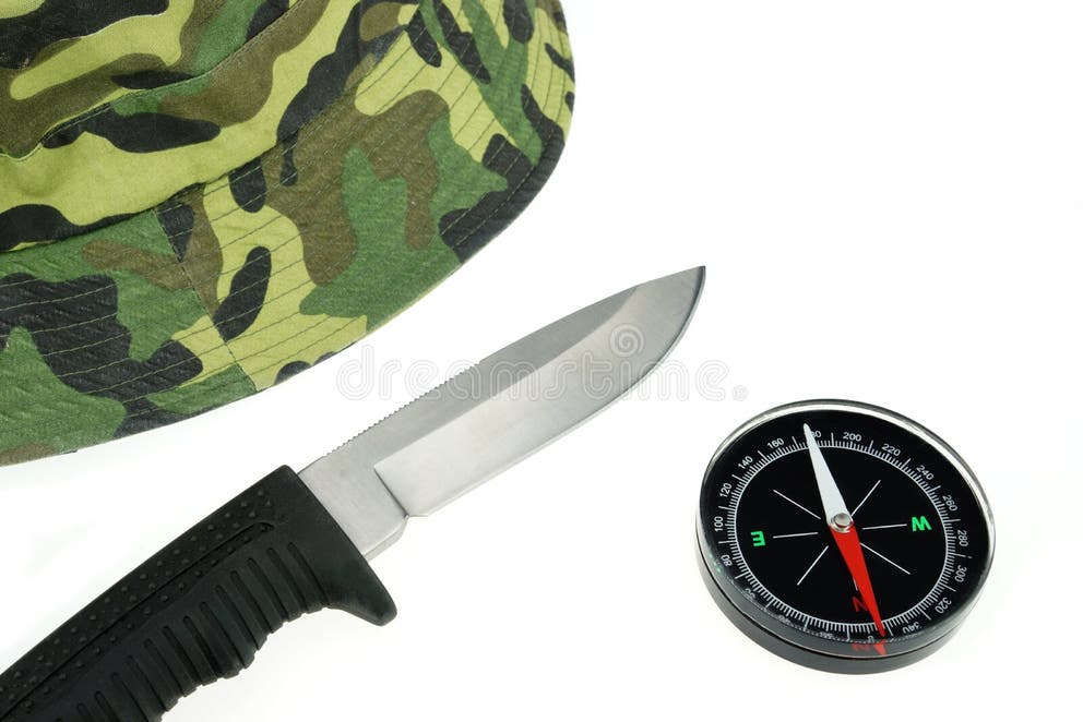 Military Cap, Knife and Compass Isolated Stock Photo - Image of outing ...