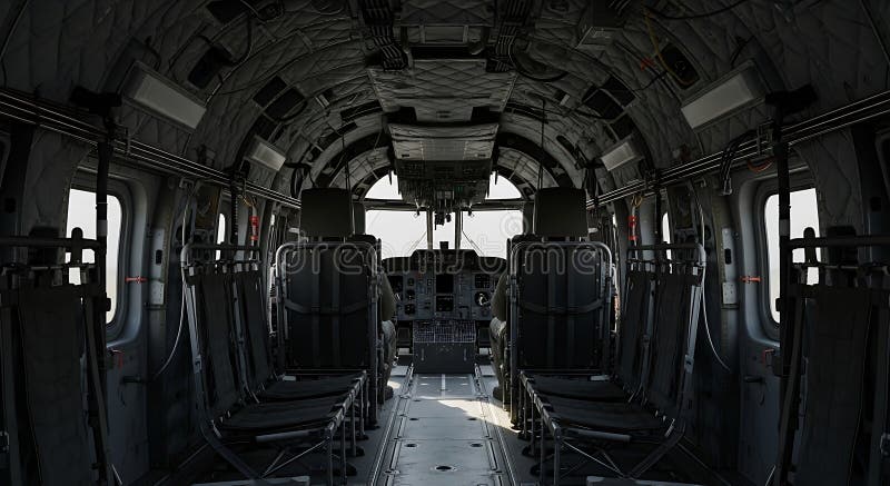 Military Cargo Plane Interior with Empty Seats and Control Panel Stock ...