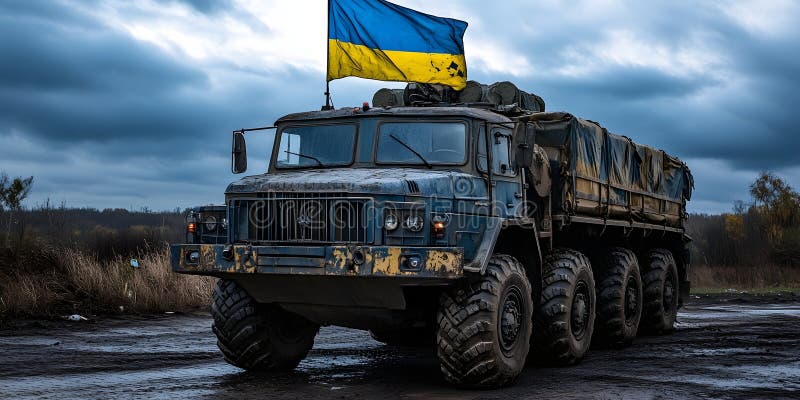 Military Cargo Truck on Muddy Road with Flag Stock Illustration ...