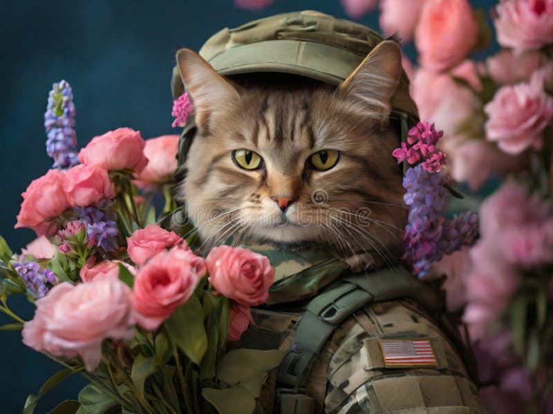 A Military Cat with a Beautiful Bouquet - Generated by AI. Stock ...