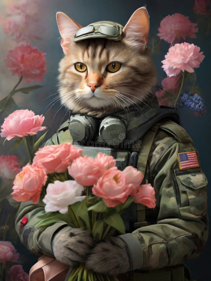 A Military Cat with a Beautiful Bouquet - Generated by AI. Stock ...