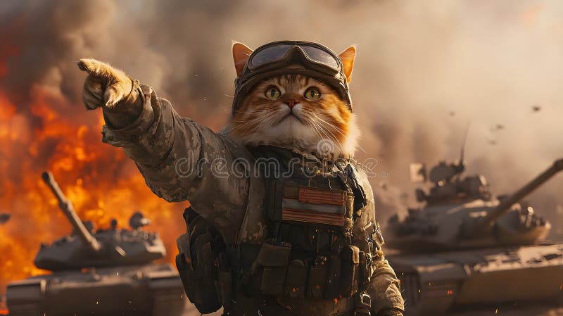 Military Cat Pointing Amidst a Chaotic Battlefield Scene Stock ...
