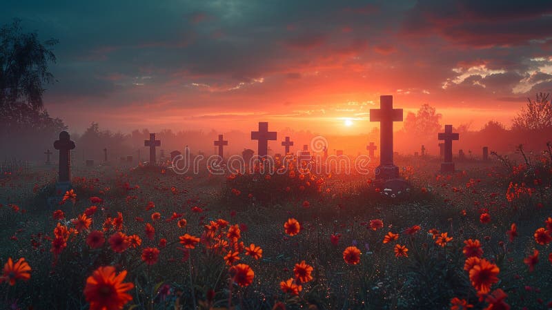 A Military Cemetery at Dusk Wide Shot Stock Photo - Image of sunset ...