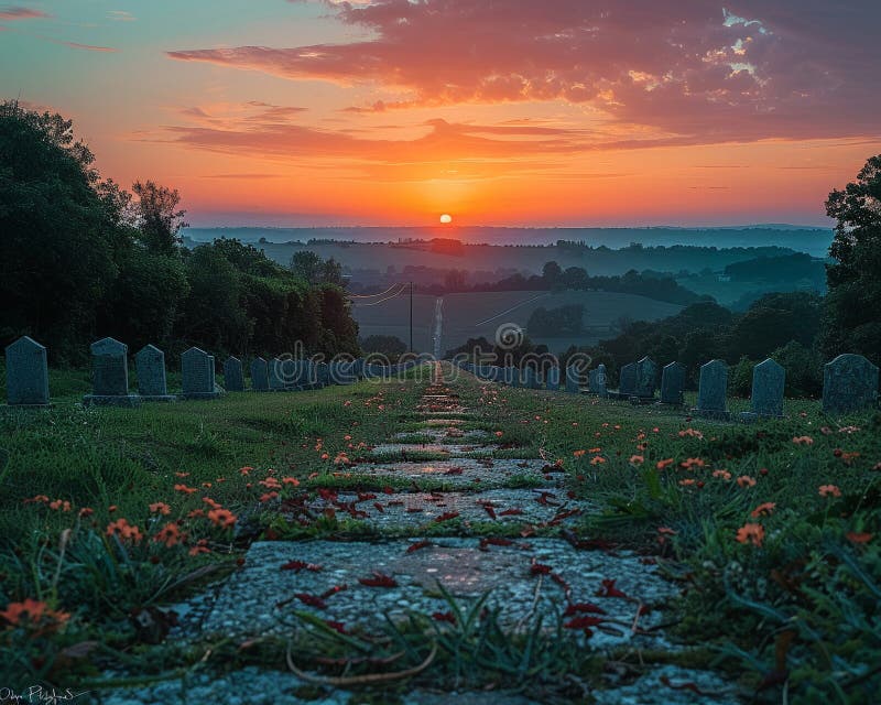 A Military Cemetery at Dusk Wide Shot Stock Photo - Image of sunset ...