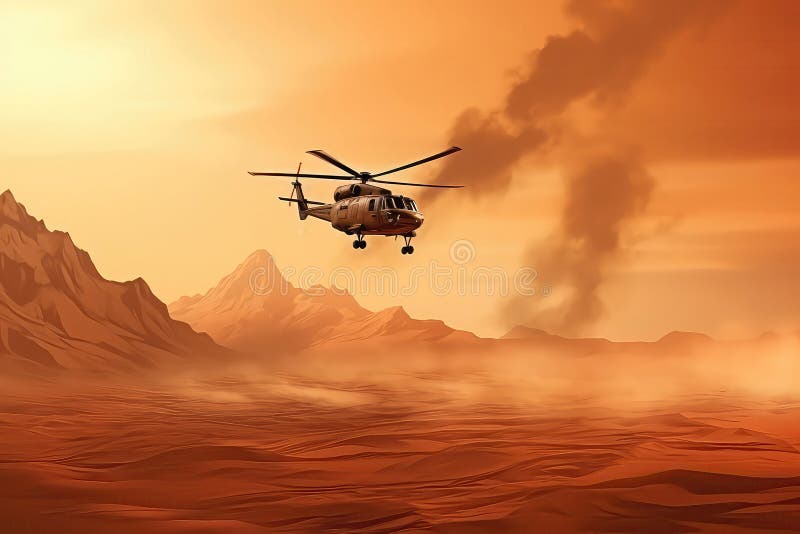 Military Chopper Flies through Desert, Amidst Fire and Smoke Stock ...