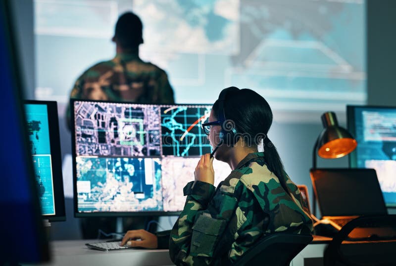 Military Command Center, Computer Screen and Woman in Surveillance, Headset and Tech for ...
