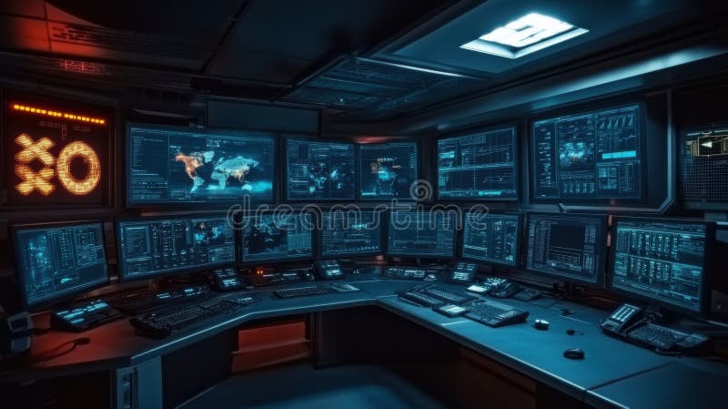 Military Command Center Monitoring Global Situation with Multiple ...