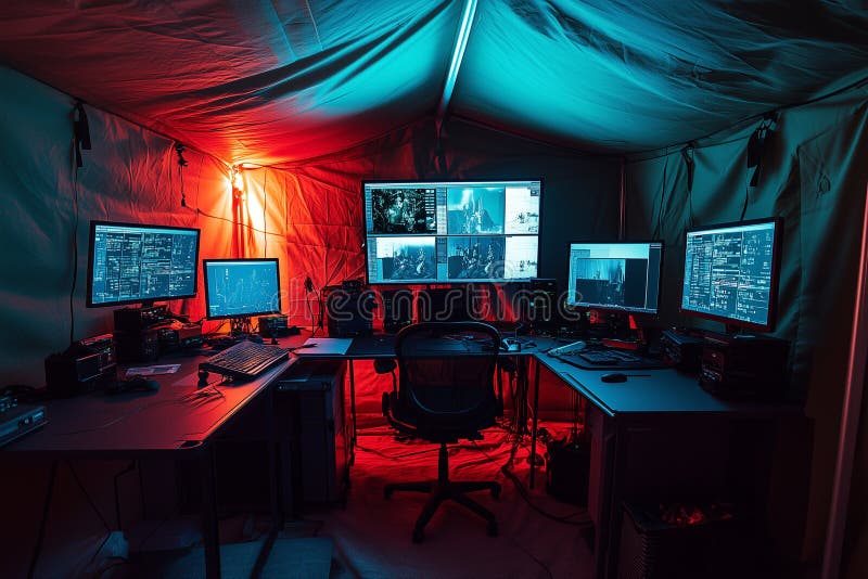 Military Command Center in a Tent with Monitors and Equipment for ...