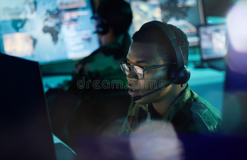 Military Command Center, Headset and Woman at Computer, Analysis and ...