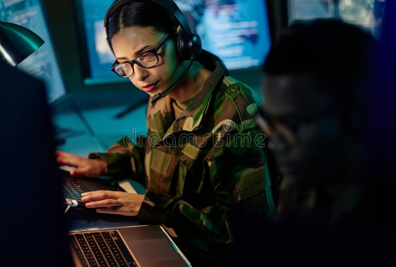 Military Control Room, Laptop and Portrait of Woman in Headset, Smile ...