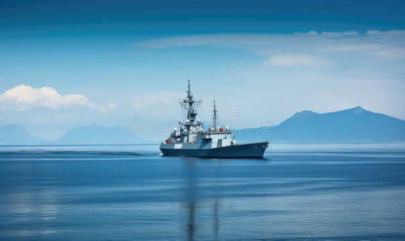 Military Cruiser Sailed Gracefully on the Serene Sea Surface Creating ...