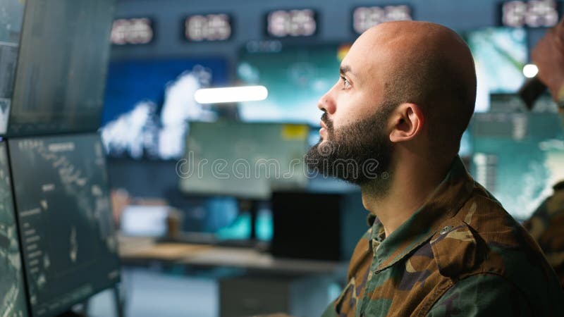 Military Dispatcher Managing Communications Networks, Gathering Intel ...