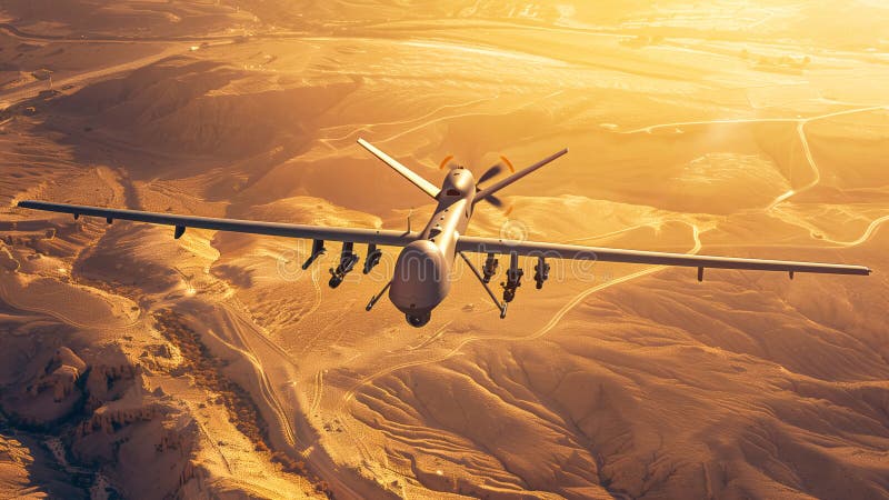 Military Drone Flying Over Desert at Sunset Stock Image - Image of ...
