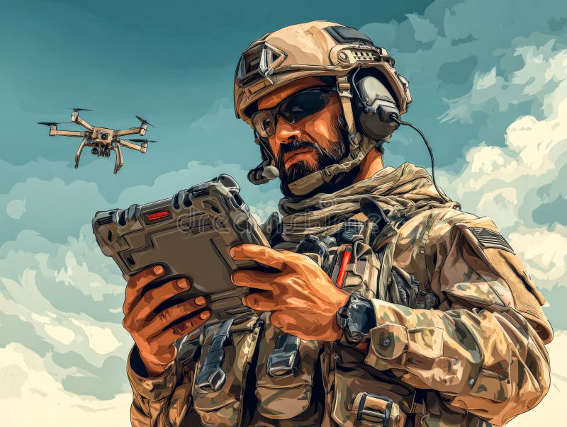 Military Drone Operator Controls Mission in the Sky. Tactical Drone ...