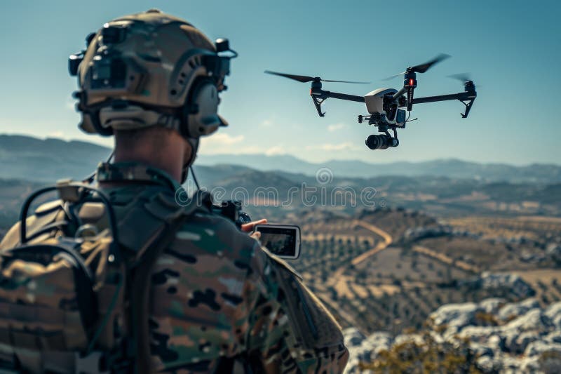 Military Drone Operator with Remote Control and Headset Overlooking ...