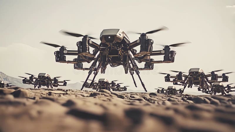 High Tech Military Unmanned Aerial Vehicles Navigating Desolate Terrain ...