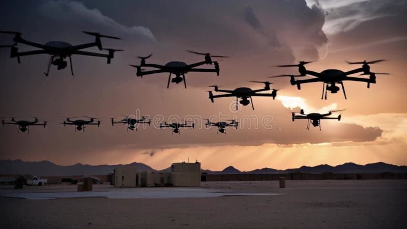 Military Drones Hovering in Precise Formation Above the Desert Base ...