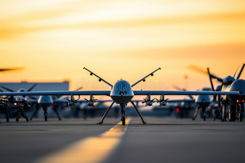 Military Drones Lined Up at Sunset at an Airfield with a Dramatic Sky ...