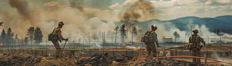 Military Engineers Constructing a Fire Resistant Barrier To Protect a ...