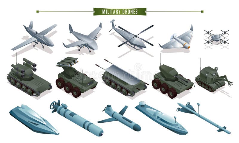 Military Drones Vector Collection Set Isometric Icons on Isolated Background Stock Illustration ...