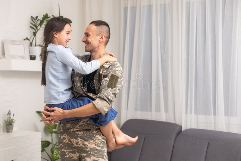Military Father Hugging His Daughter. Stock Image - Image of indoors ...
