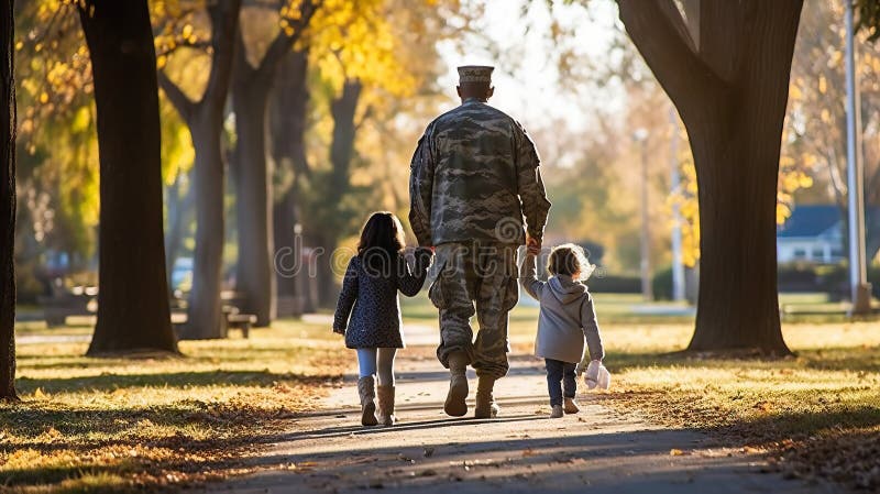 Military Father Walking with His Two Daughters in the Park, Back View ...