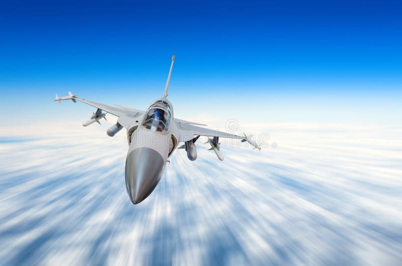 Military Fighter Aircraft at High Speed, Flying High in the Sky. Stock ...