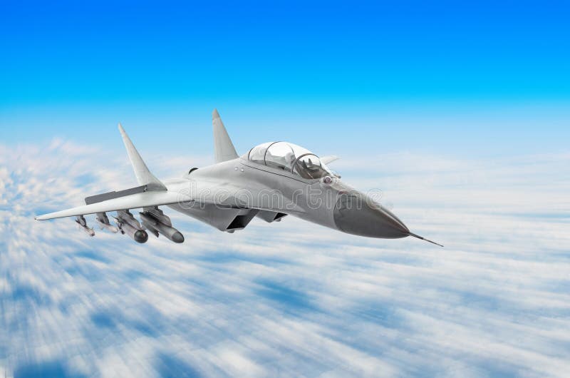 Military Fighter Aircraft at High Speed, Flying High in the Sky. Stock ...